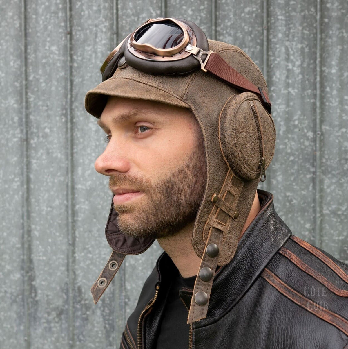 Leather Aviator Helmet | Vintage Brown Leather Pilot Hat With Goggles